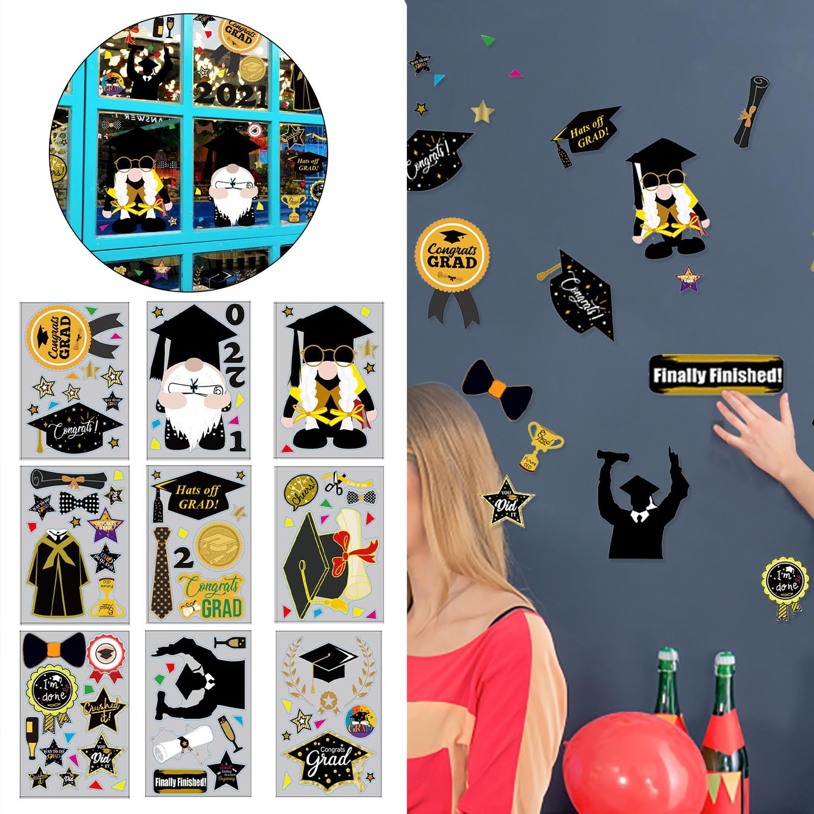 Stickers 2022Graduation Window Clings 9 Sheets Gold And Black Congrats ...