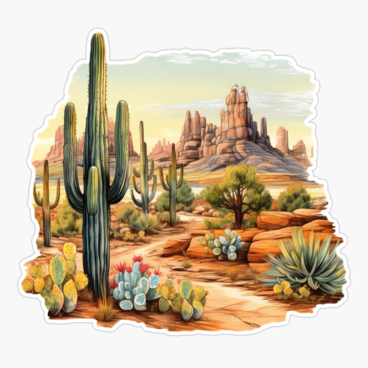 Stickly Arizona Desert Landscape With Blooming Cactuses. Sticker, Phone ...