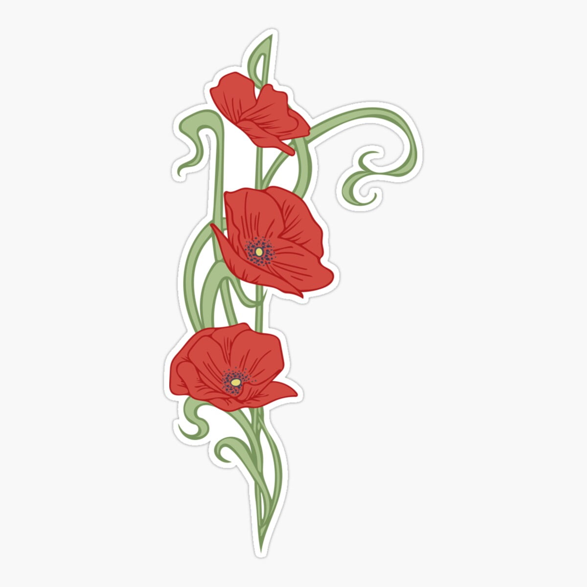 Stickly Art Nouveau Style Poppy Art Sticker, Phone Decal Water Bottle ...