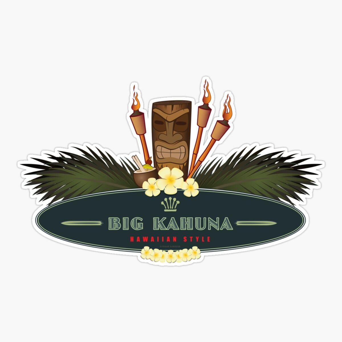 Stickly Big Kahuna With Tiki Surfboard Lei Tiki Torches Sticker, Phone ...