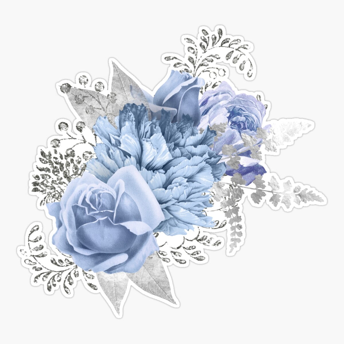 Stickly Blue And Silver Roses Floral Bouquet Sticker, Phone Decal Water ...