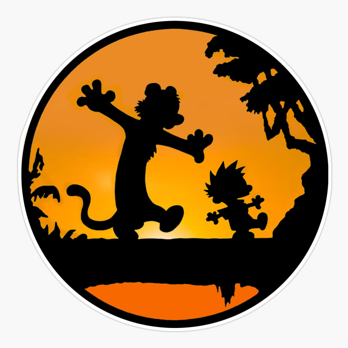 Stickly Calvin And Hobbes Enjoying A Fall Day In Silhouette Sticker ...