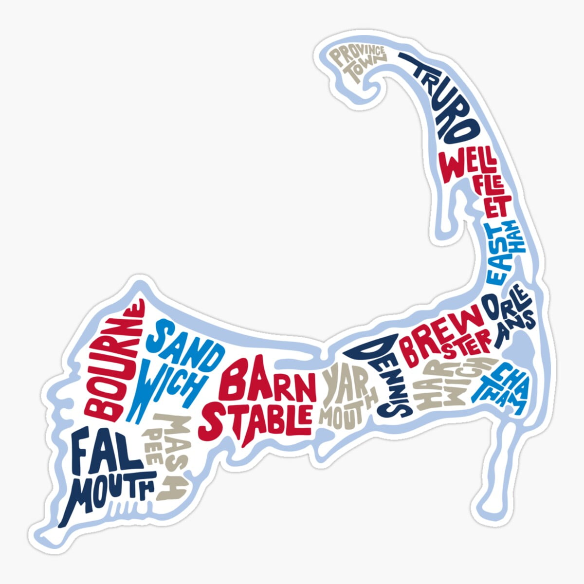 Stickly Cape Cod Map Otowns Sticker, Phone Decal Water Bottle Stickers ...