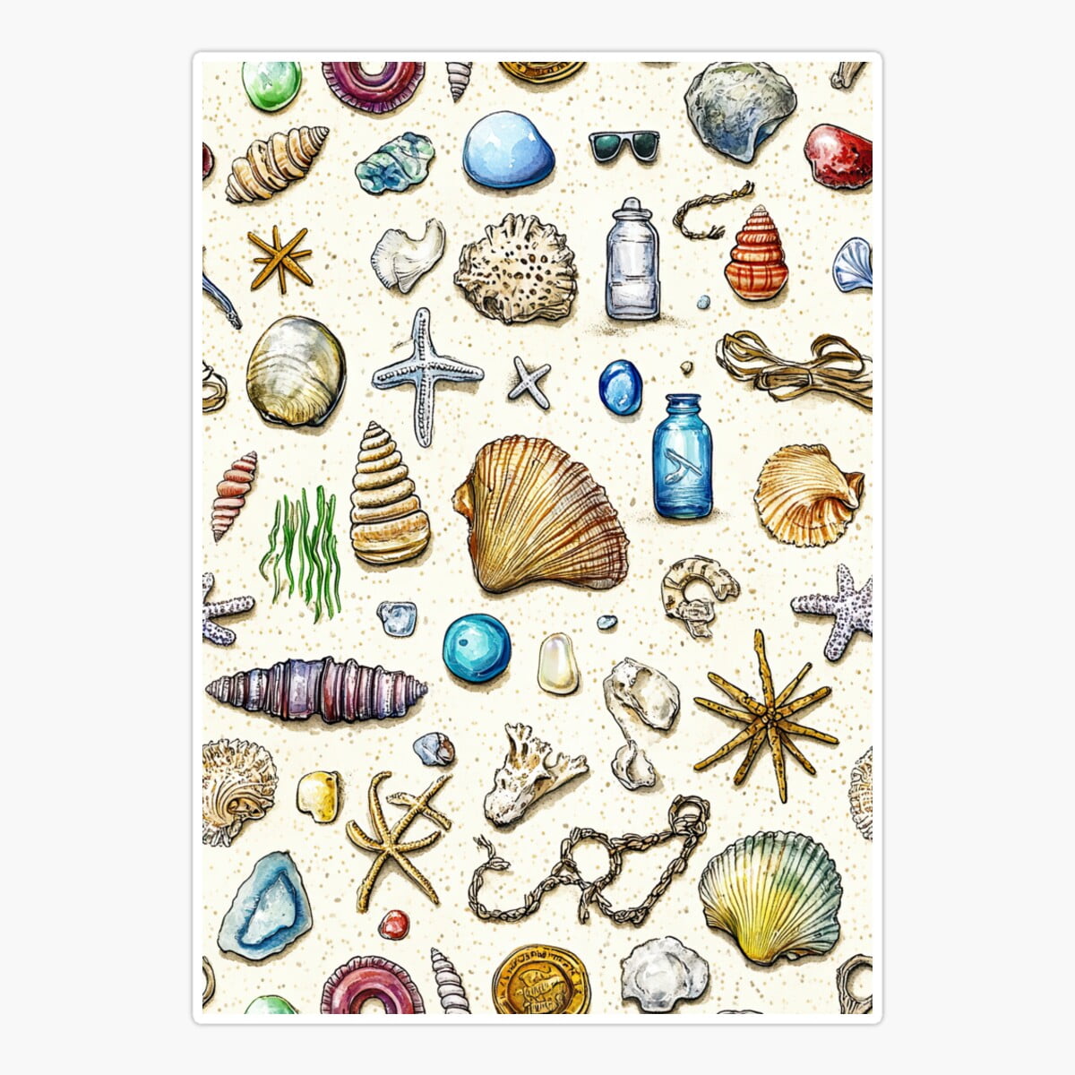 Stickly Coastal Finds In A Calm Beach Illustration Sticker, Phone Decal ...