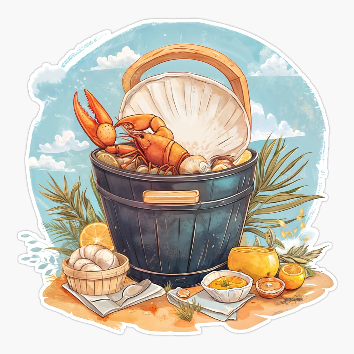 Stickly Coastal Seafood Feast With Lobsters And Clams In A Beach ...