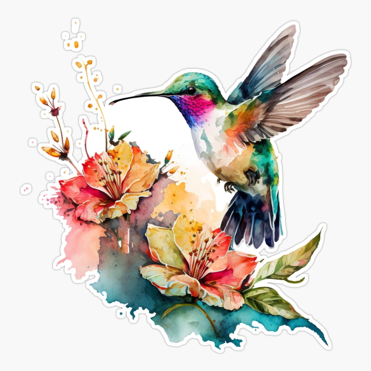 Stickly Colorful Watercolor Hummingbird And Flowers 13 Sticker, Phone ...