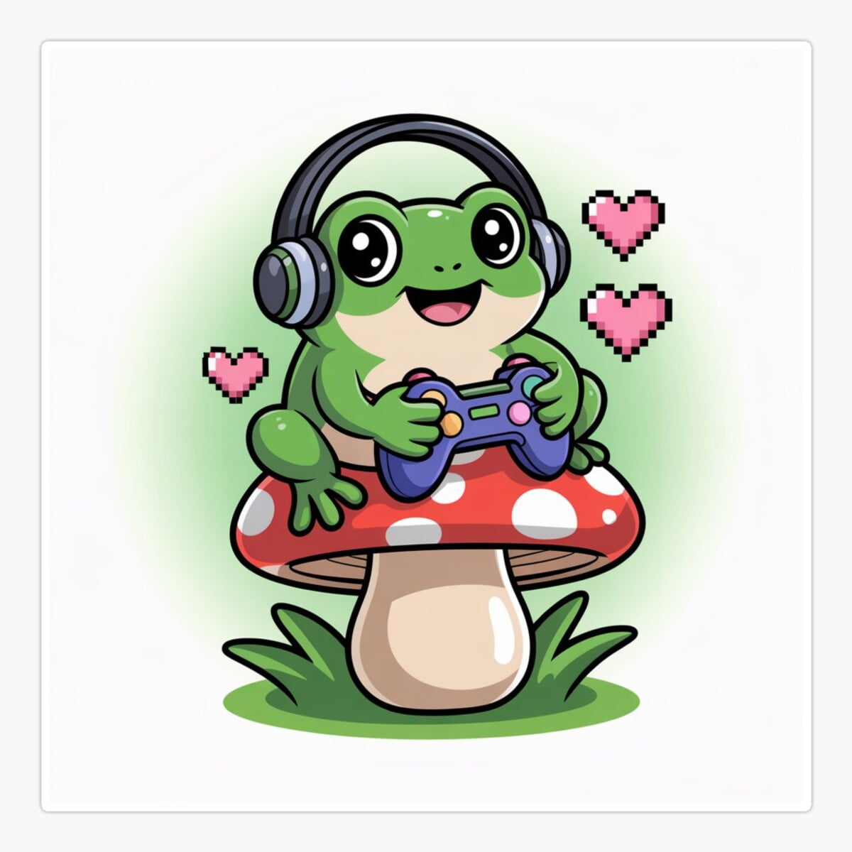 Stickly Cute Froggy Gamer Sticker – Kawaii Gaming Frog On Mushroom ...