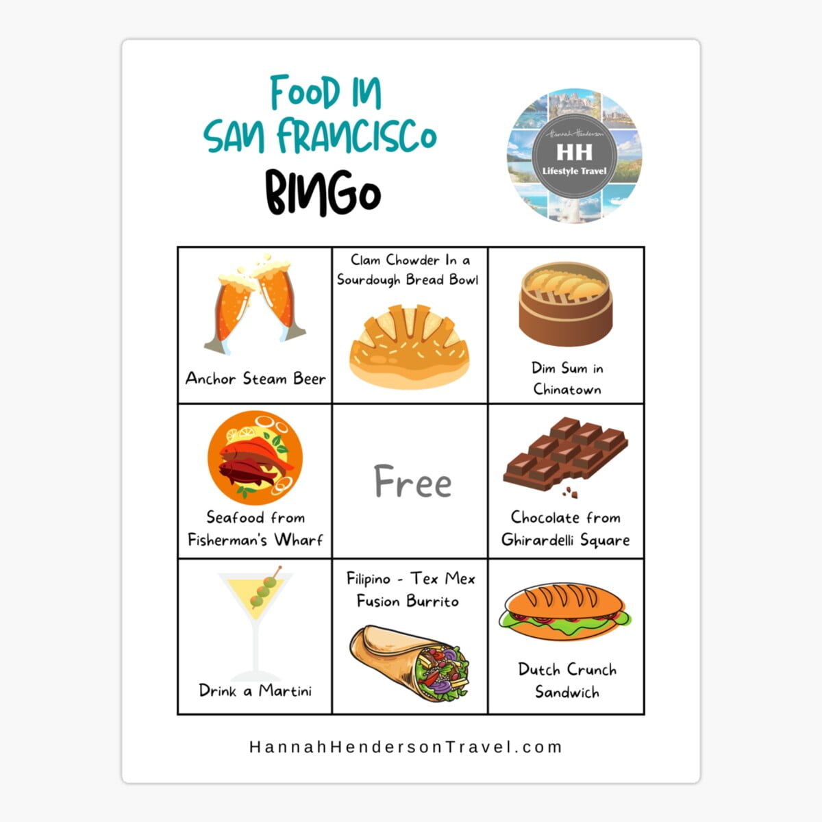 Stickly Food Bingo Card - San Francisco Food Bingo Sticker, Phone Decal ...