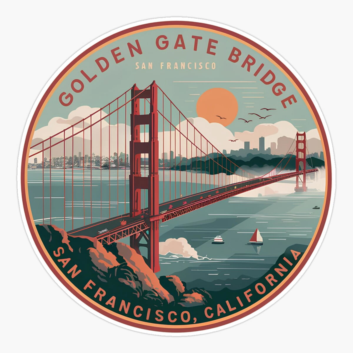 Stickly Golden Gate Bridge - San Francisco Vintage Illustration Sticker ...