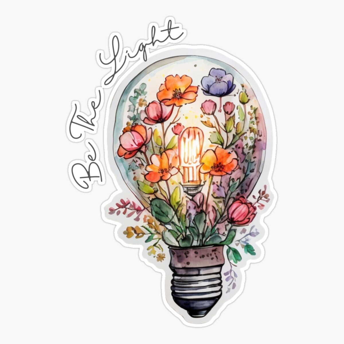 Stickly Be The Light Flowers In Lightbulb Sticker - Watercolour Pastel ...