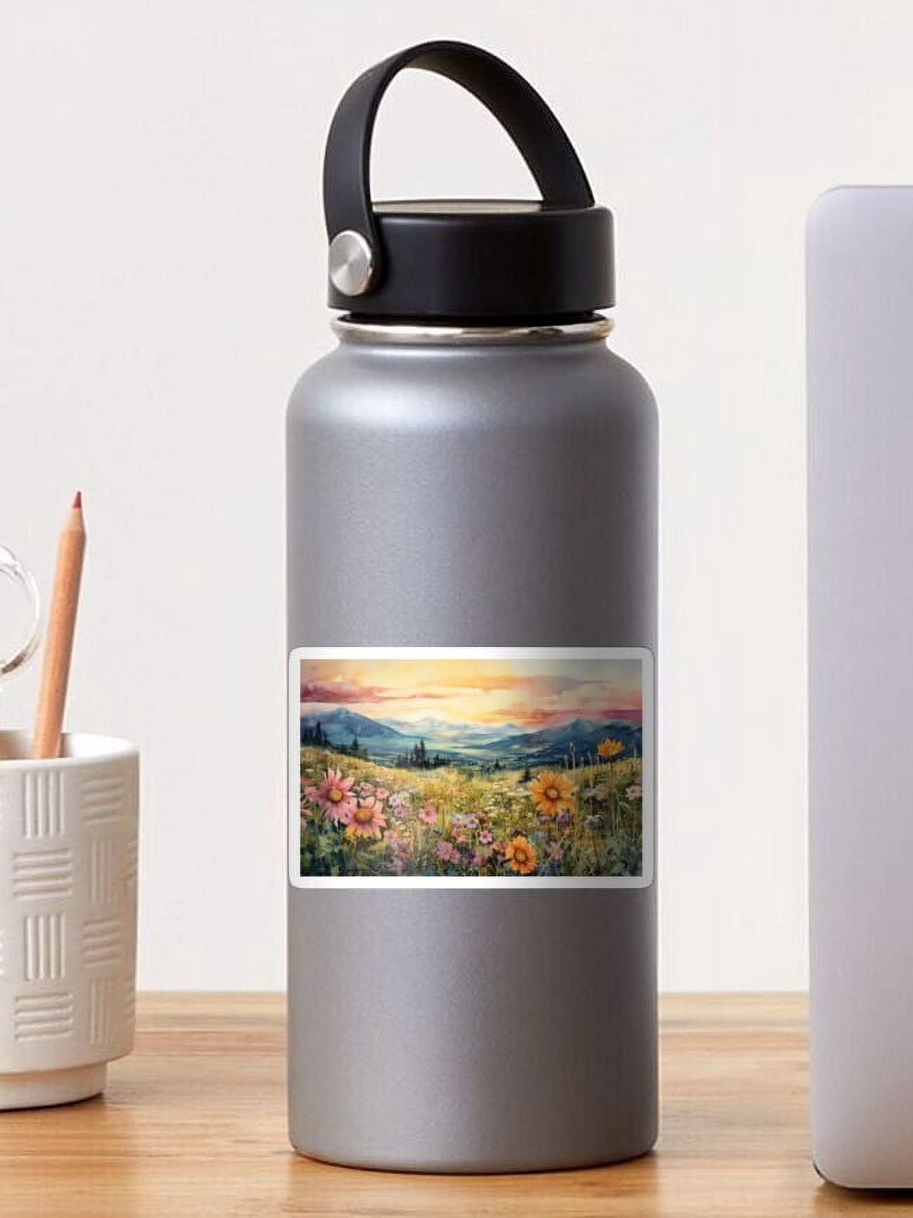 Stickly Mountainside Valley And Wildflowers At Sunset Painting Sticker ...