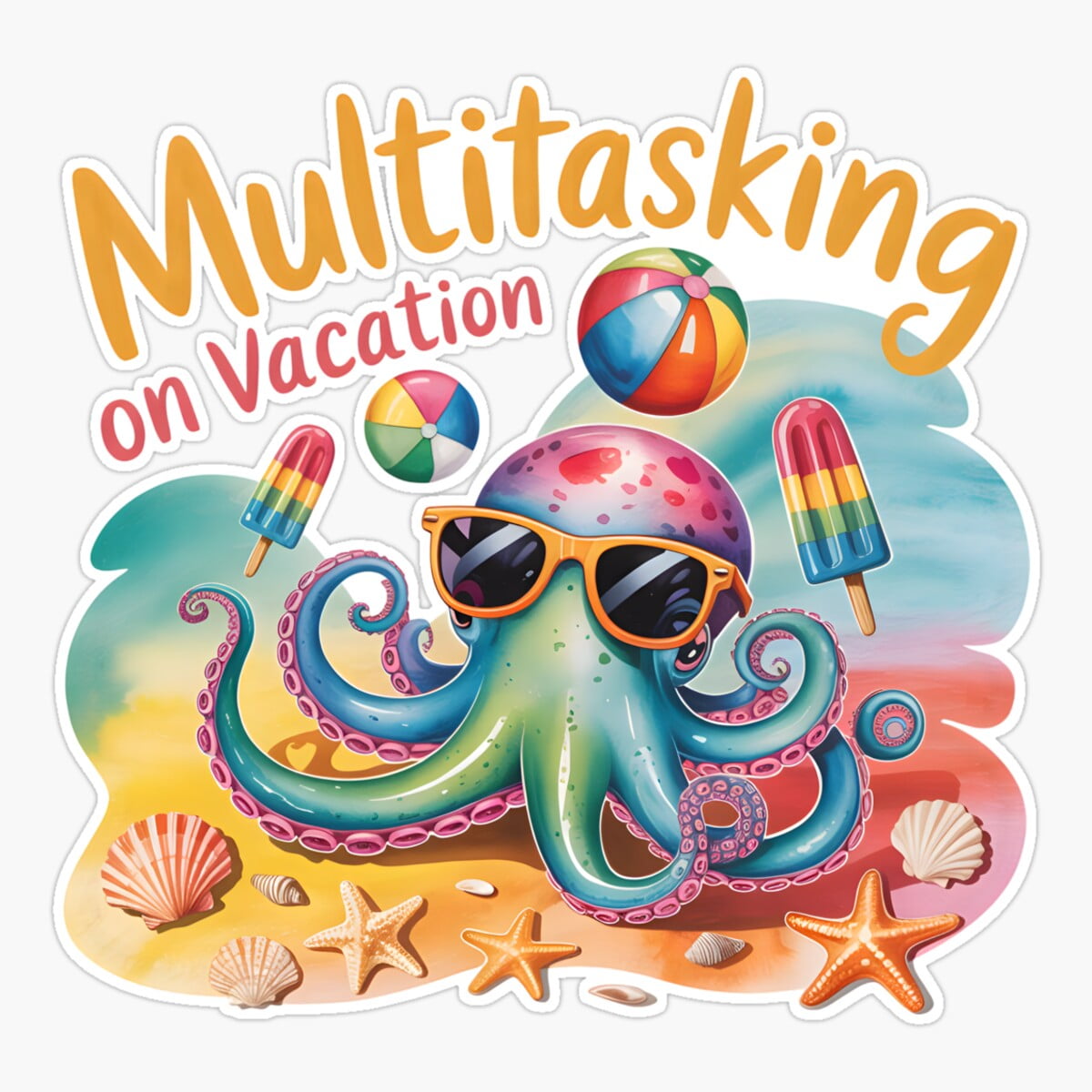 Stickly Multitasking On Vacation – Cool Octopus Summer Fun Sticker ...
