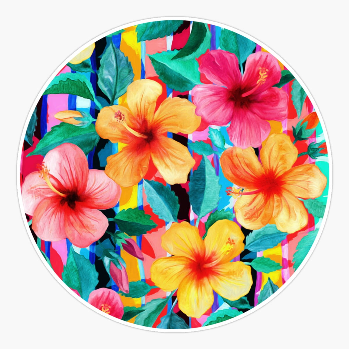 Stickly Ott Maximalist Hawaiian Hibiscus Floral With Stripes Sticker ...