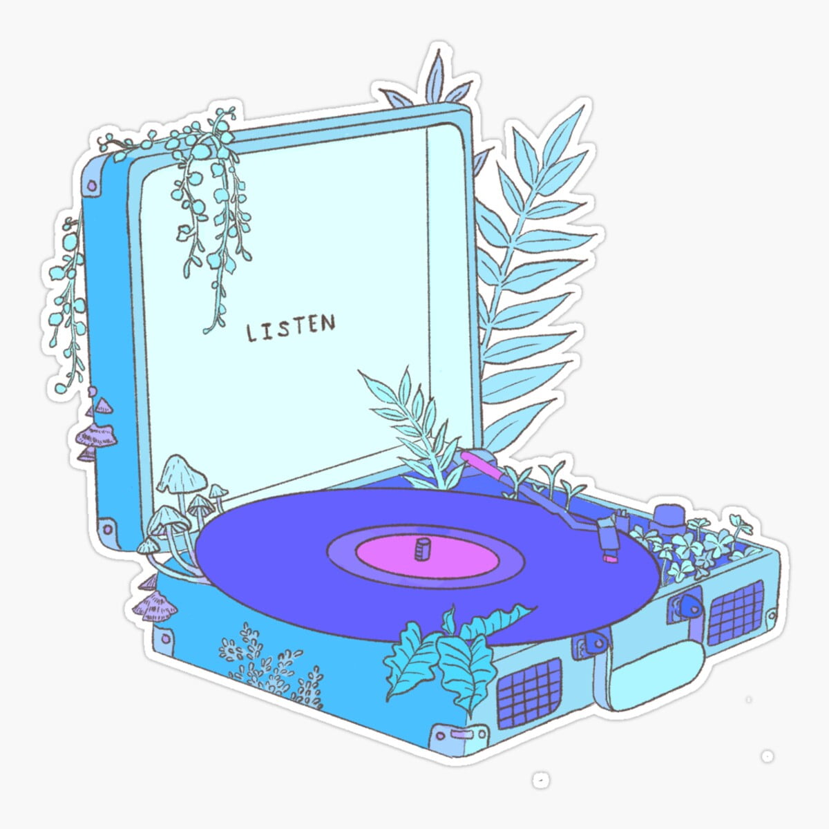 Stickly Overgrown Record Player (Listen Blue) Sticker, Phone Decal ...