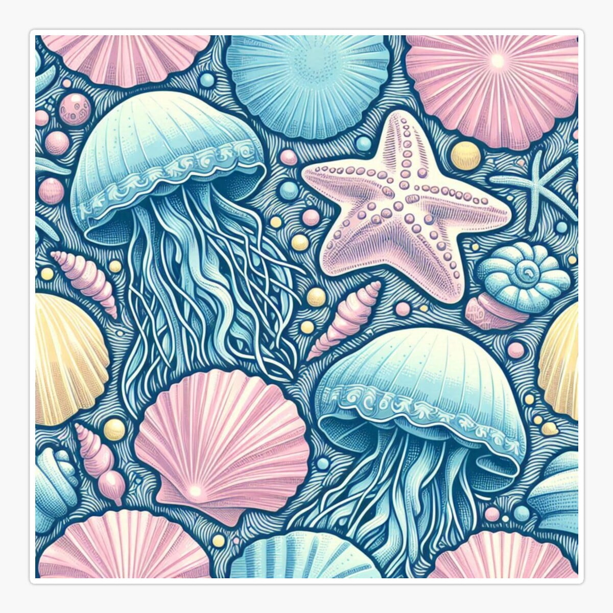 Stickly Sea Life Pattern Blue Fish Starfish Jellyfish Shells Sticker ...