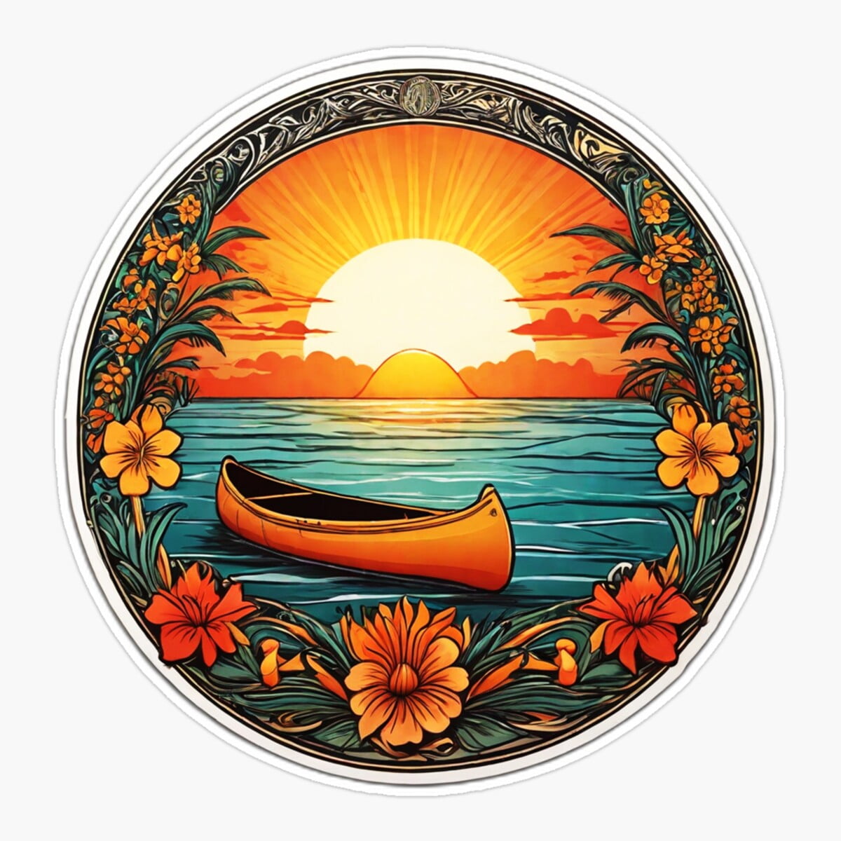 Stickly Summertime Canoe At Sunset With Hawaiian Orchids Sticker, Phone ...