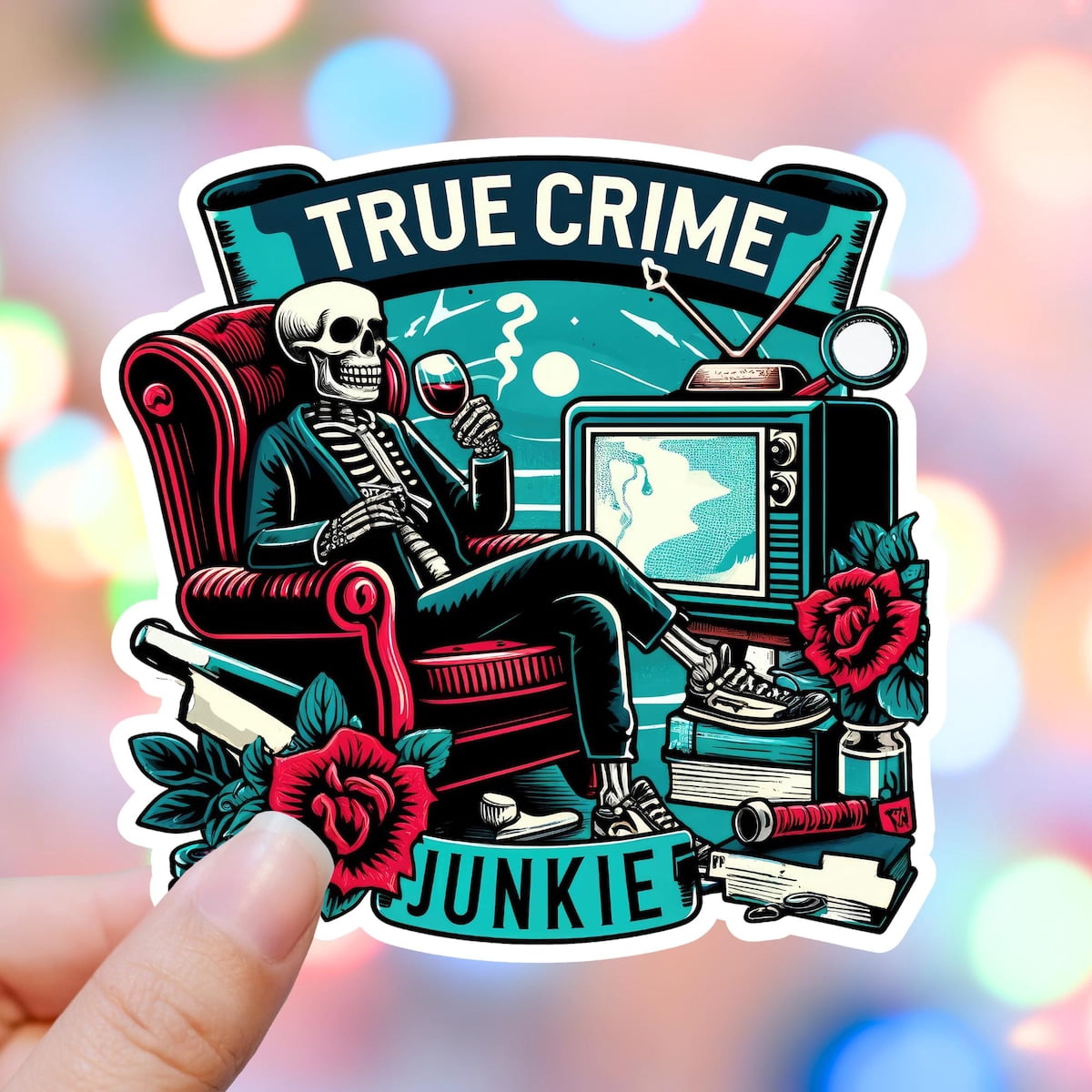 Stickly True Crime Junkie Sticker, Skeleton Decal, Party Supplies ...
