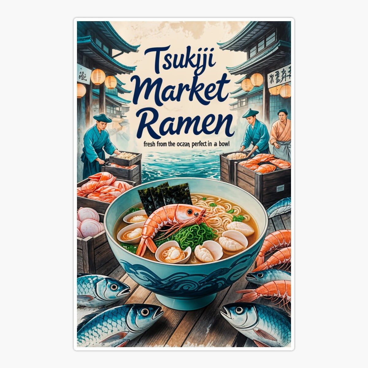 Stickly Tsukiji Market Ramen Poster – Fresh Seafood Noodle Art Sticker ...