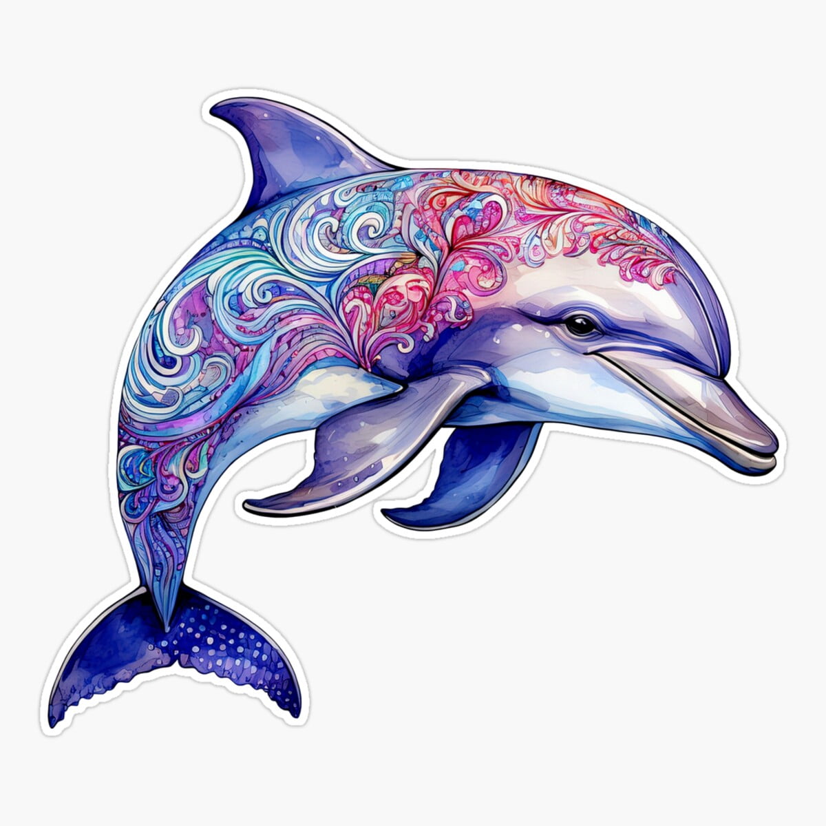 Stickly Vibrant Ornate Dolphin Sticker, Phone Decal Water Bottle ...