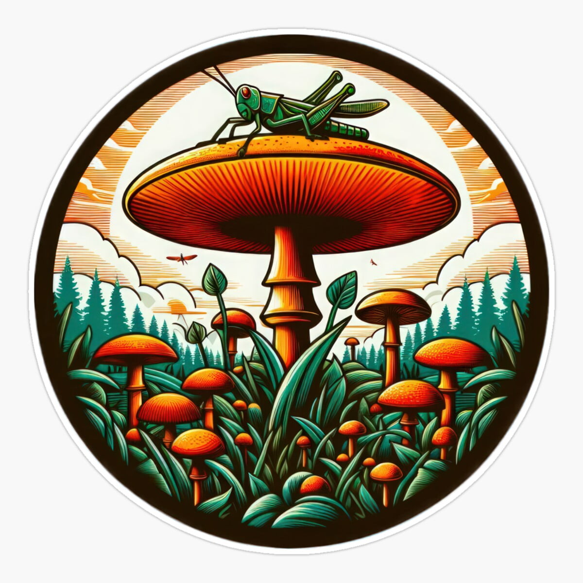 Stickly Vintage Flowers Orange Mushroom With Grasshopper Vintage ...