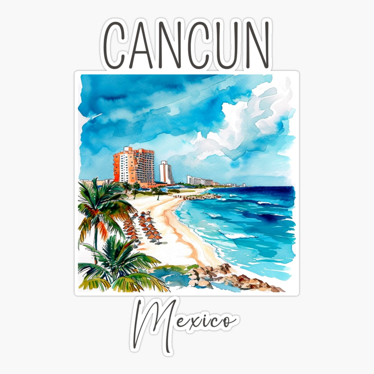Stickly Watercolor Design Ocancun - Mexico Sticker, Phone Decal Water ...