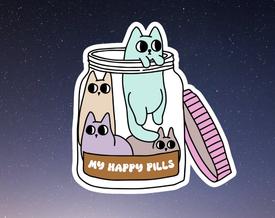 Stickology happy pills funny cat er, motivational er, laptop er, water ...