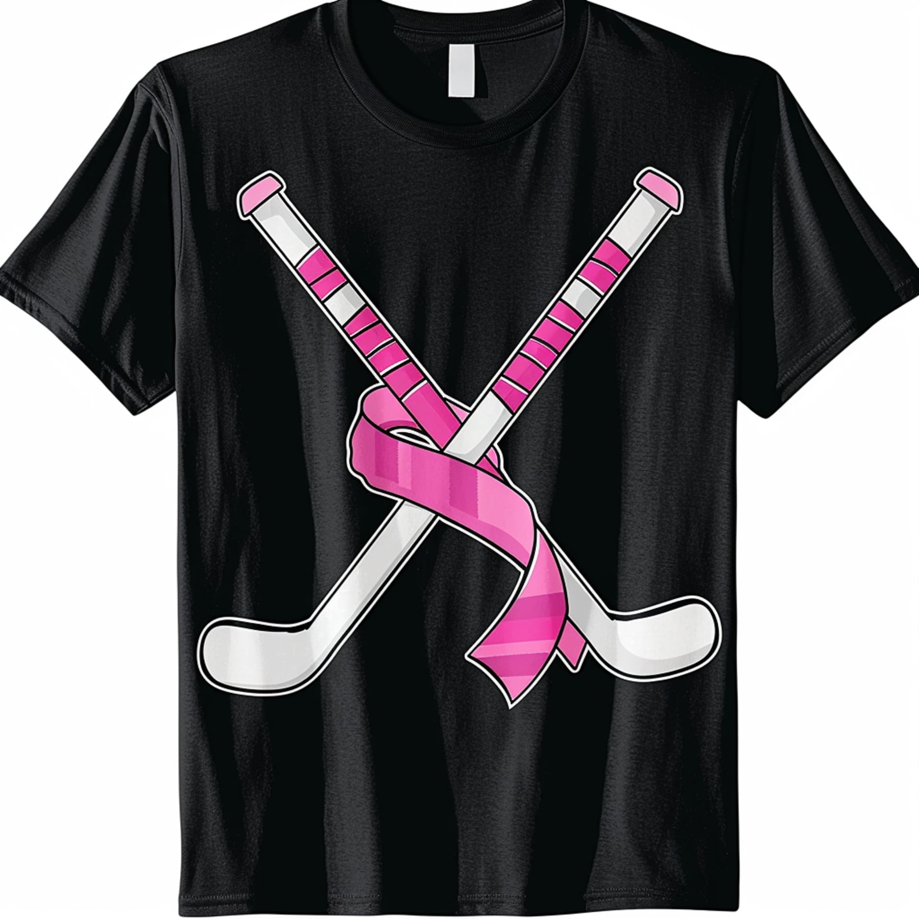 Sticks and Pink Ribbon Awareness T Shirt Black Background Detailed Design Rink Theme White ...