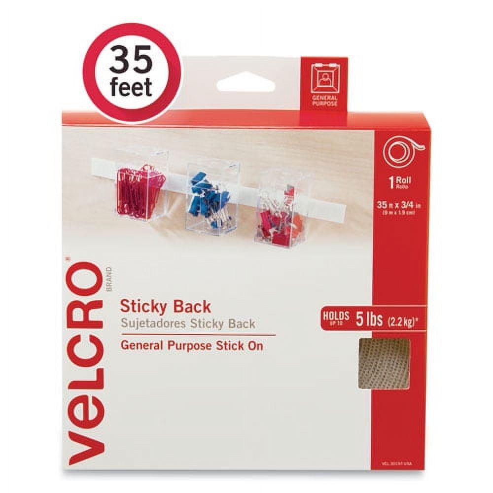 Sticky-Back Fasteners, Removable Adhesive, 0.75" X 35 Ft, White ...