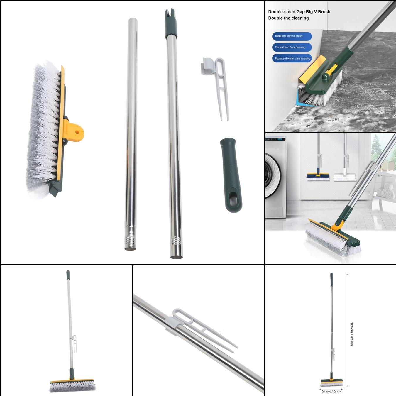 Stiff Bristle Floor Scrubber With Long Handle, 2,in,1 Design Cleans ...