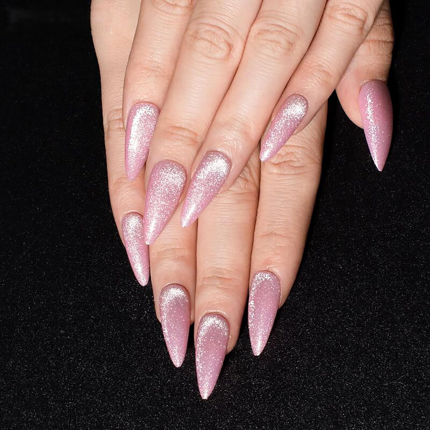 Stiletto Medium Fake Nails Cat Eye Acrylic Nails with Glitter Gradient ...