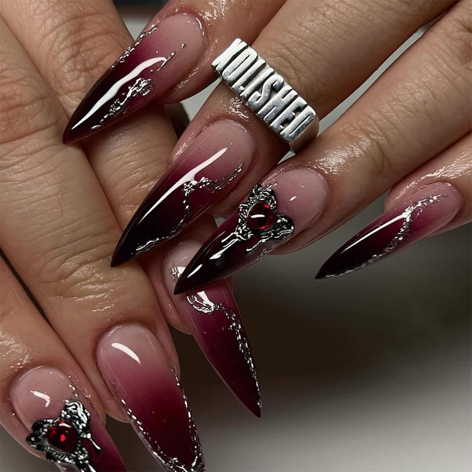 Stiletto Press on Nails Long Fake Nails Glossy Glue on Nails Black Red ...