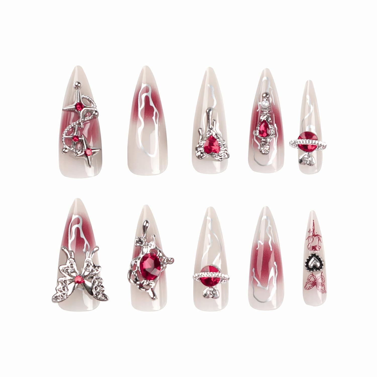 Stiletto Press On Nails - Long, Fake, Sliver Glue, 3D, Red Planet Heart ...
