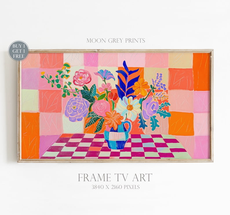 Still Life Frame TV Art, Colorful Floral Vibrant Checkerboard Textured ...