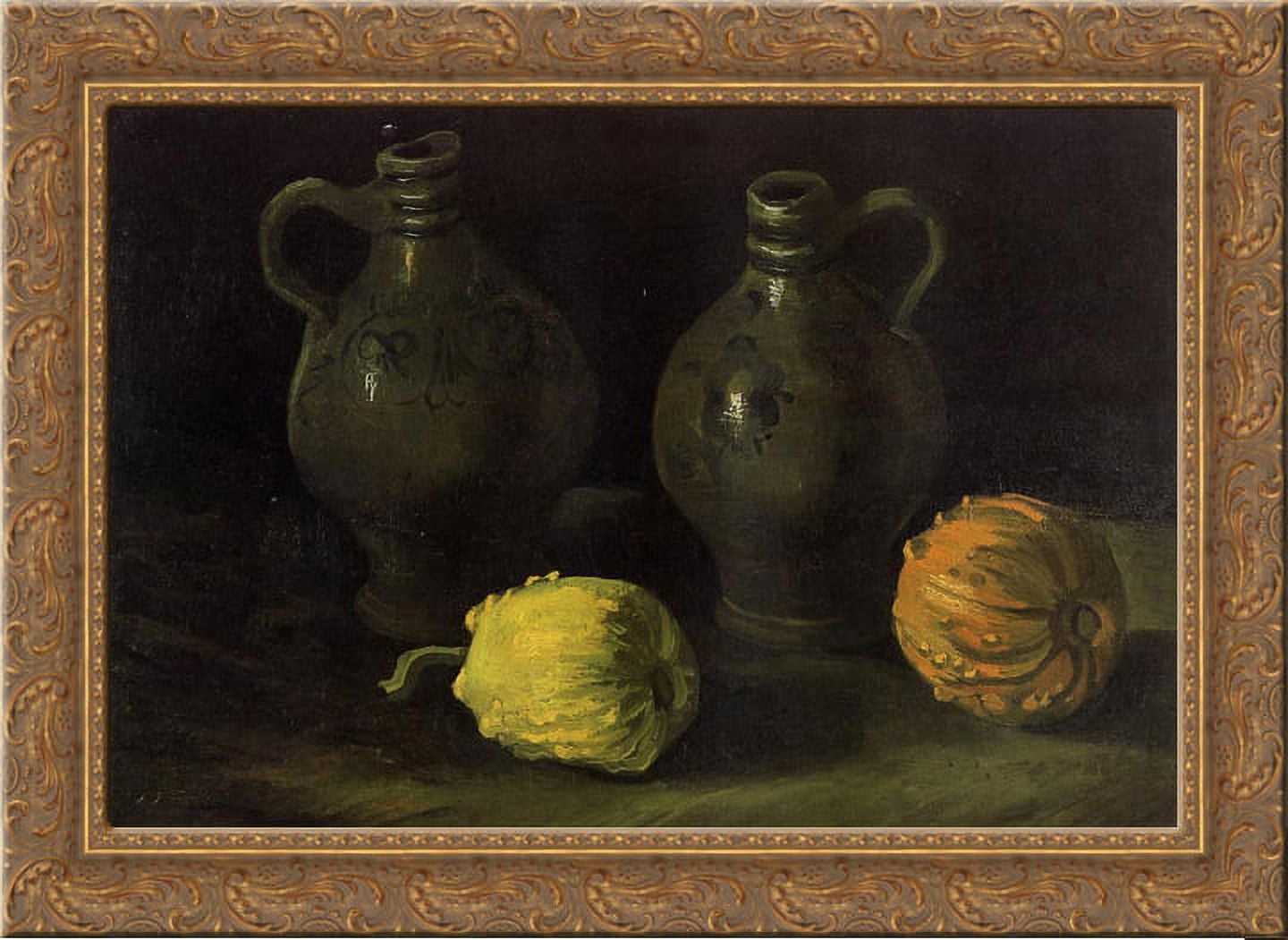Still Life with Two Jars and Two Pumpkins 24x18 Gold Ornate Wood Framed ...