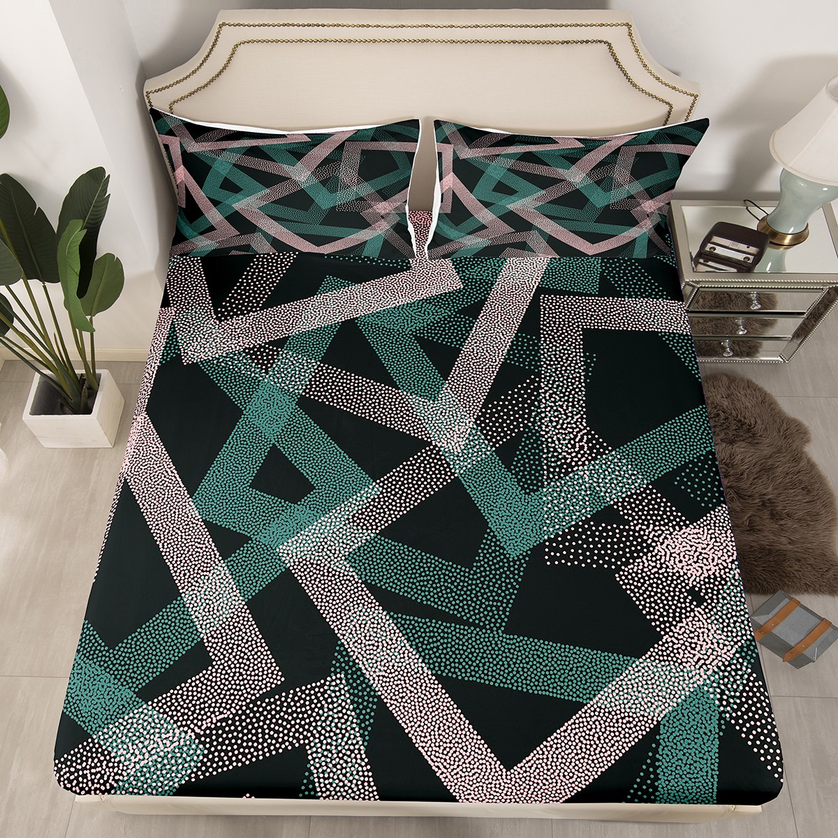 Stippled Circles Bed Sheets Geometric Dotted Square Fitted Sheet, Retro ...