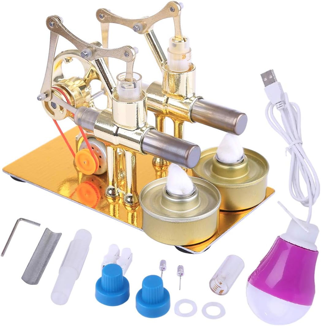 Stirling Engine Kit, Hot Air Double Cylinder Heat Steam Power Metal ...
