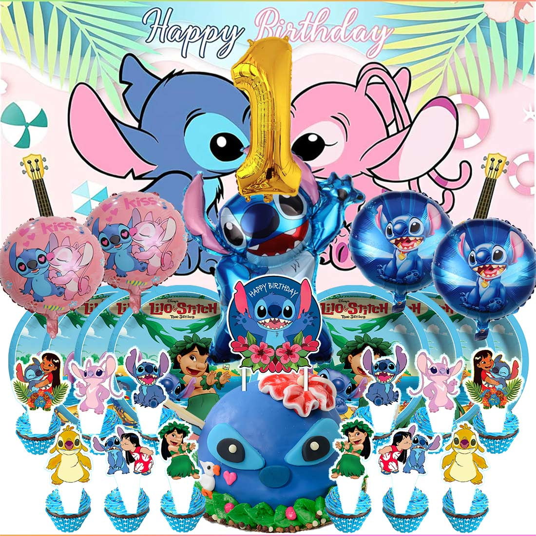 Stitch 1st Tableware Balloons Cake Toppers Backdrop Banner Supplies ...