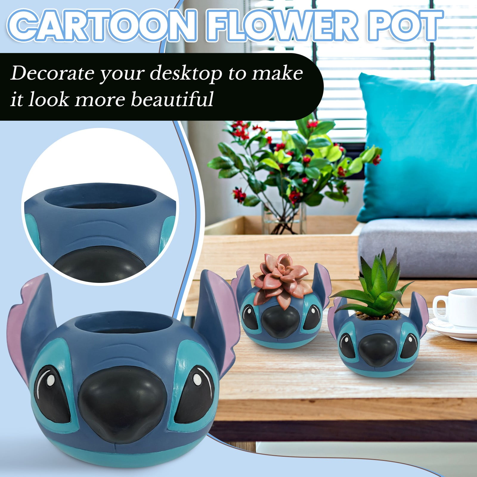 Stitch 4.33 Inch Ceramic Mini Planter with Artificial Succulent | Small ...