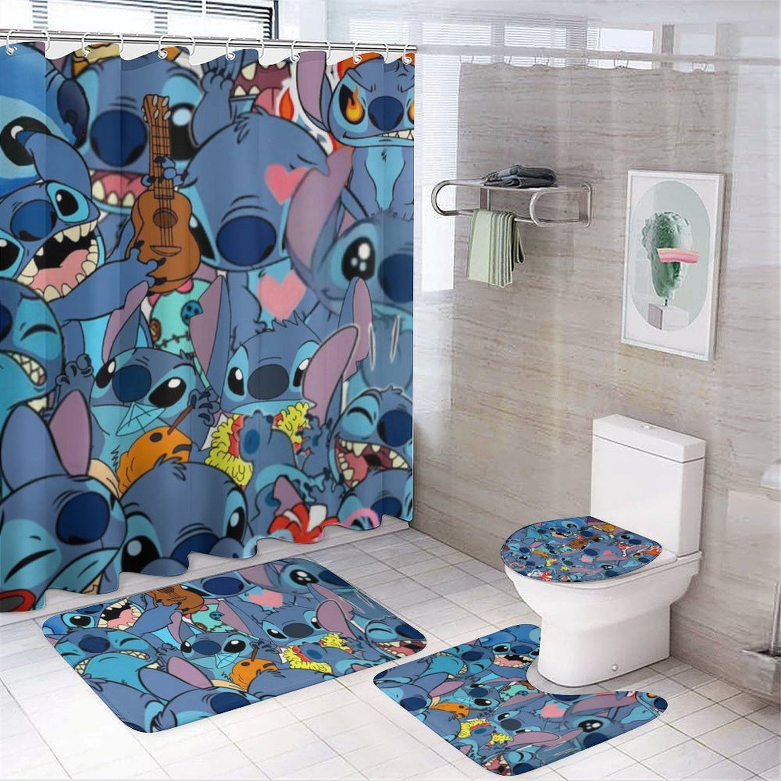 Stitch 4PCS Bathroom Sets Shower Curtain Sets with Toilet Lid Cover, U ...
