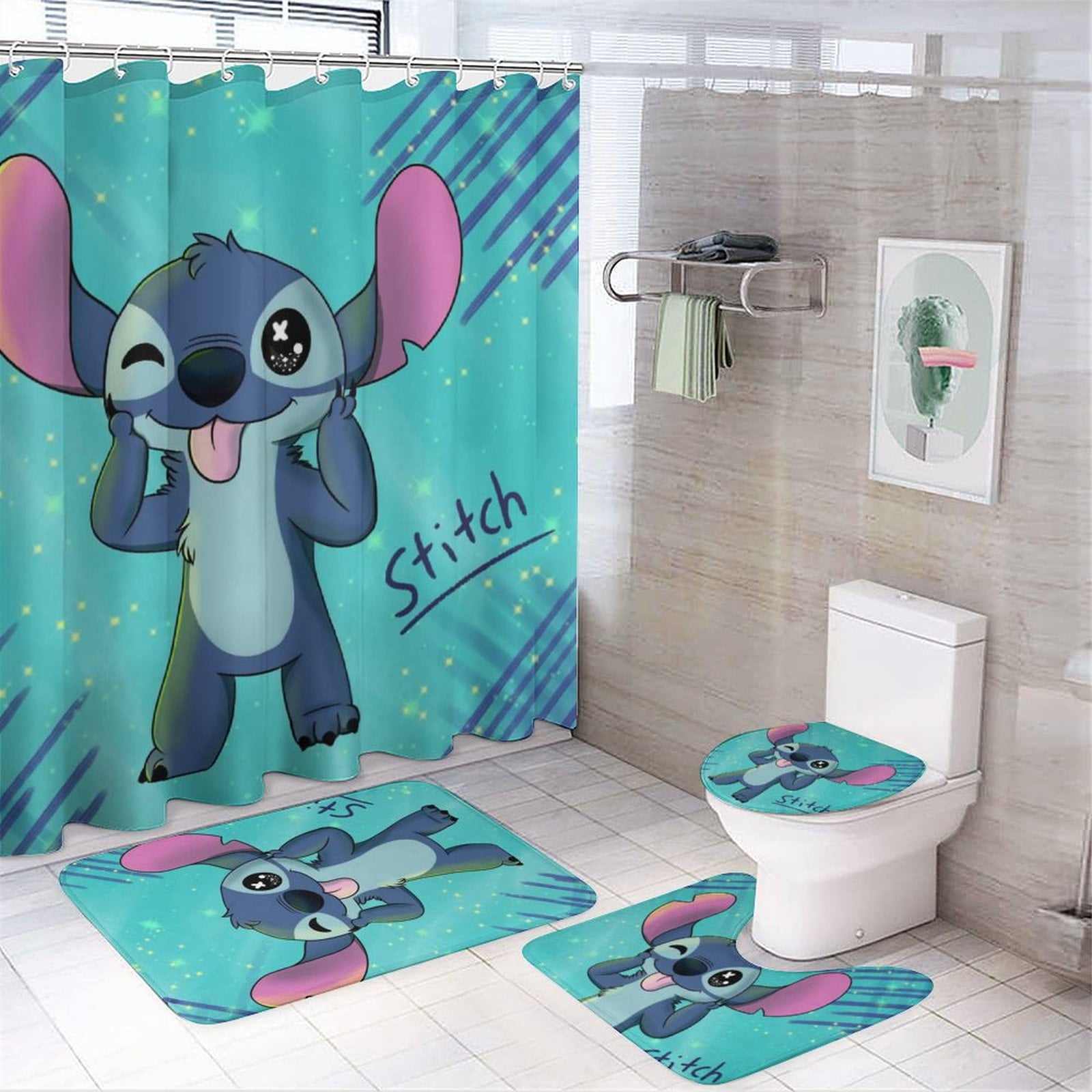 Stitch 4pcs Cartoon Shower Curtain Set Cute Bathroom Decor With Non