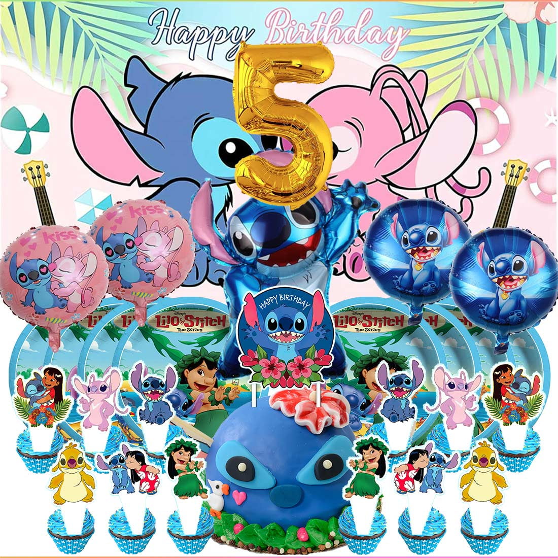 Stitch 5th Tableware Balloons Cake Toppers Backdrop Banner Supplies ...
