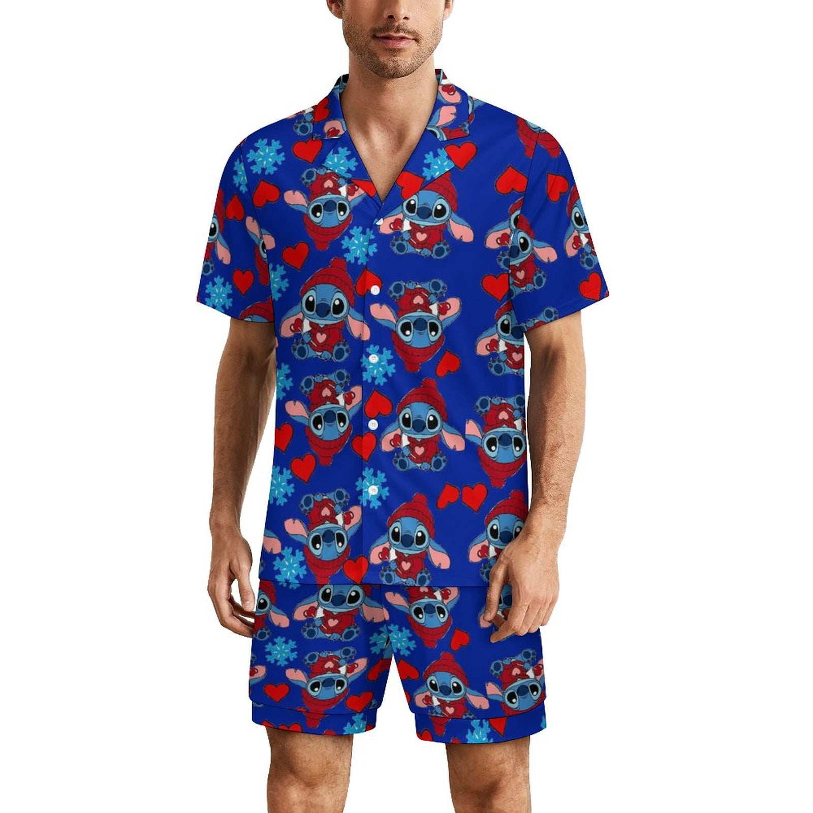 Stitch And Angel Men's Ice Silk Satin Pajamas 2 Piece Short Sleeve ...