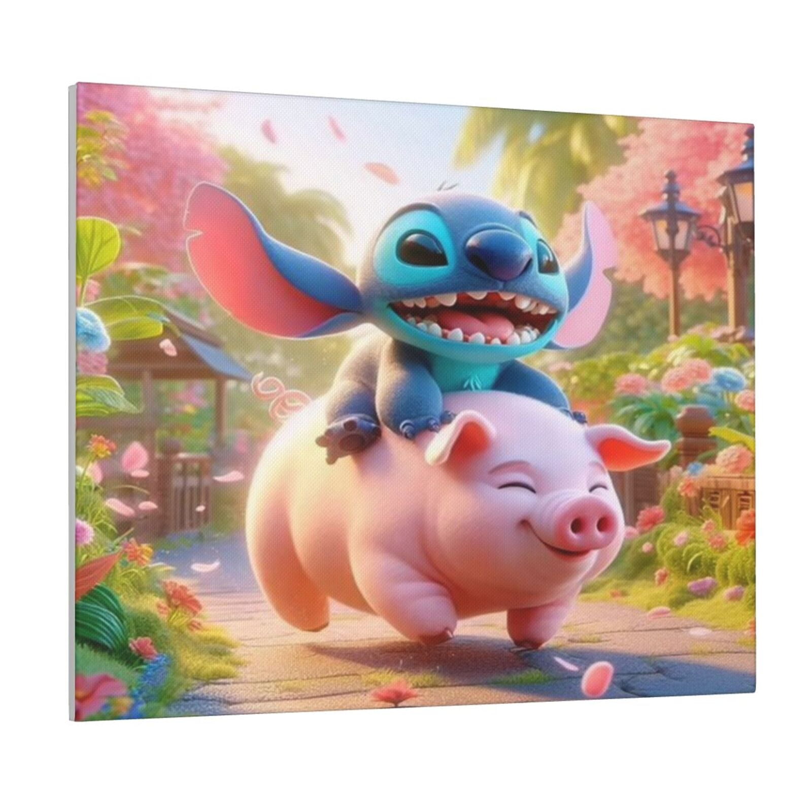 Stitch And Pig Themed Wall Art Canvas Mural Framed Wood Wall Decor for ...