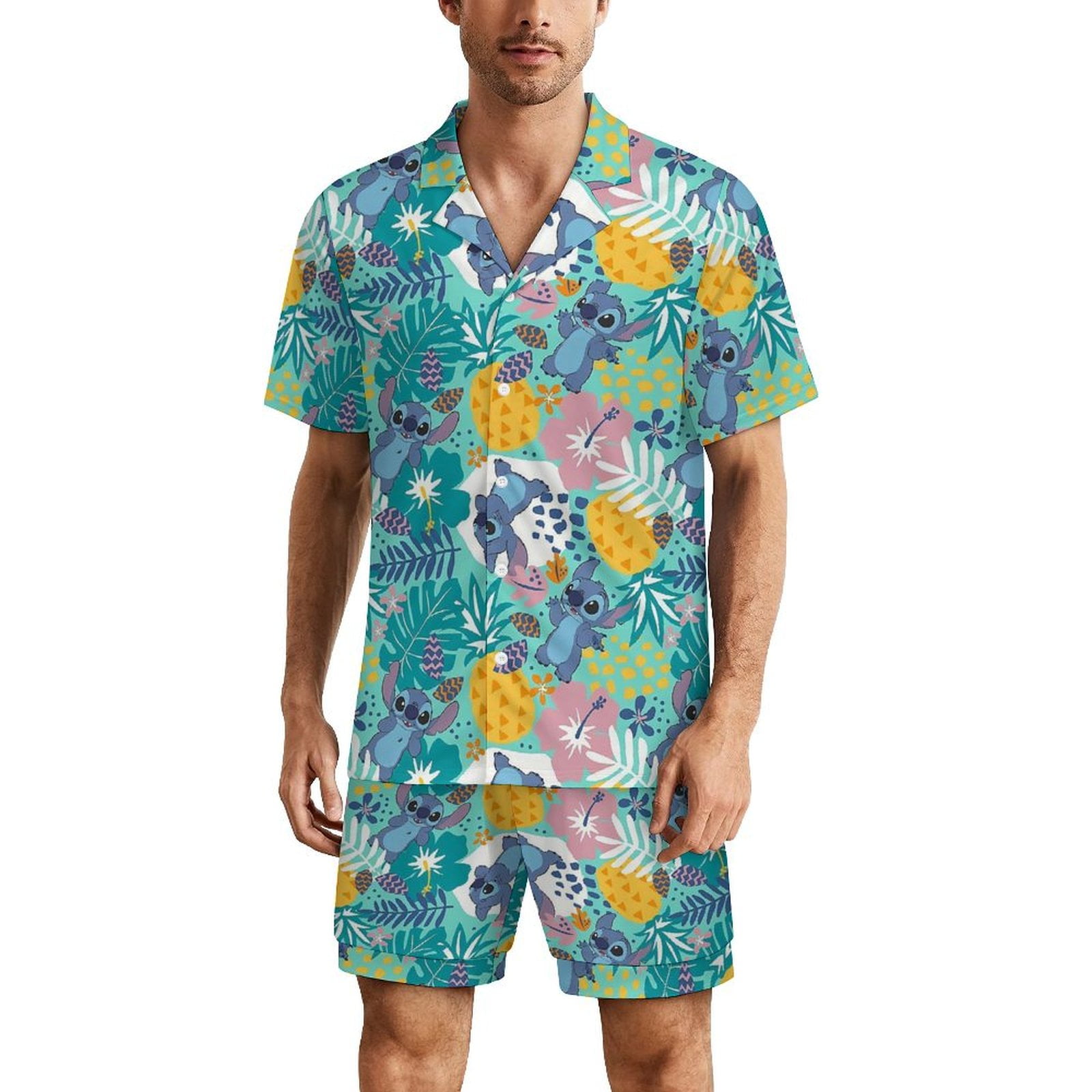 Stitch and Angel Floral Stitch 5 Men's Ice Silk Satin Pajamas 2 Piece ...