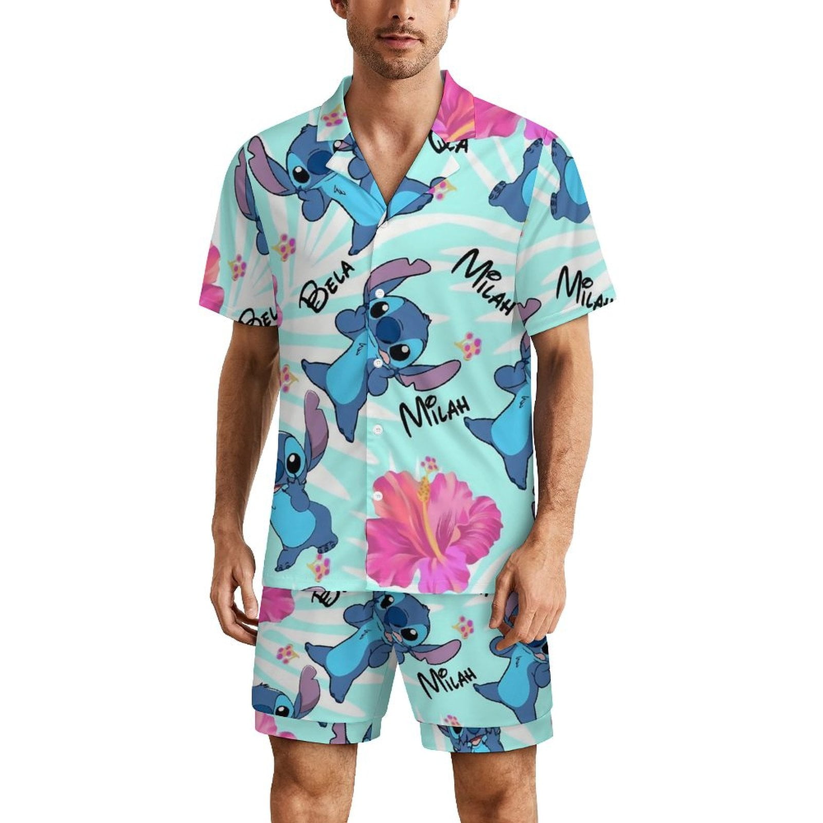Stitch and Angel Ohana Adorable Pose Floral Logo Men's Ice Silk Satin ...