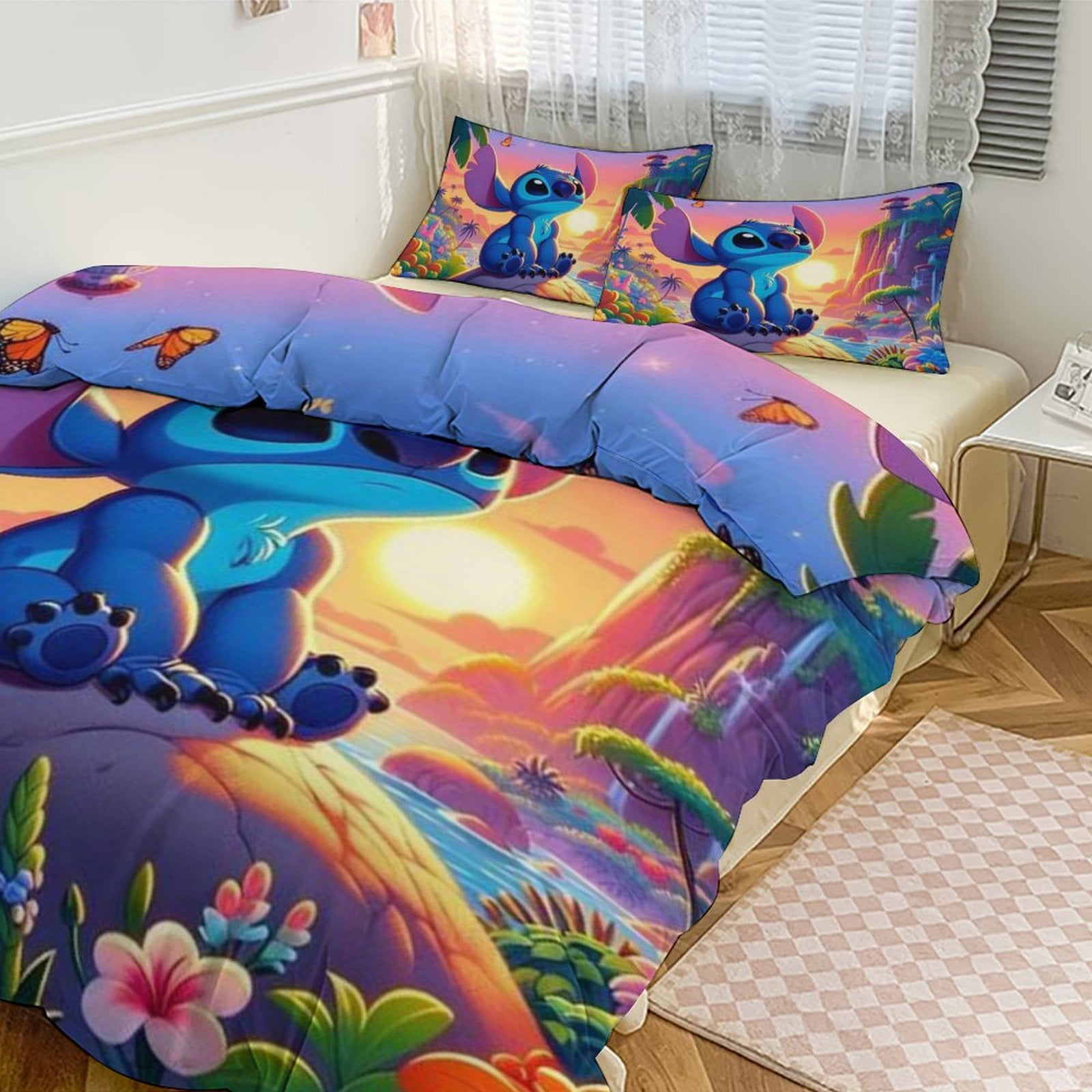 Stitch Anime Cartoon Duvet Cover Queen, 3 Pieces Bed Set Cute Bedding ...