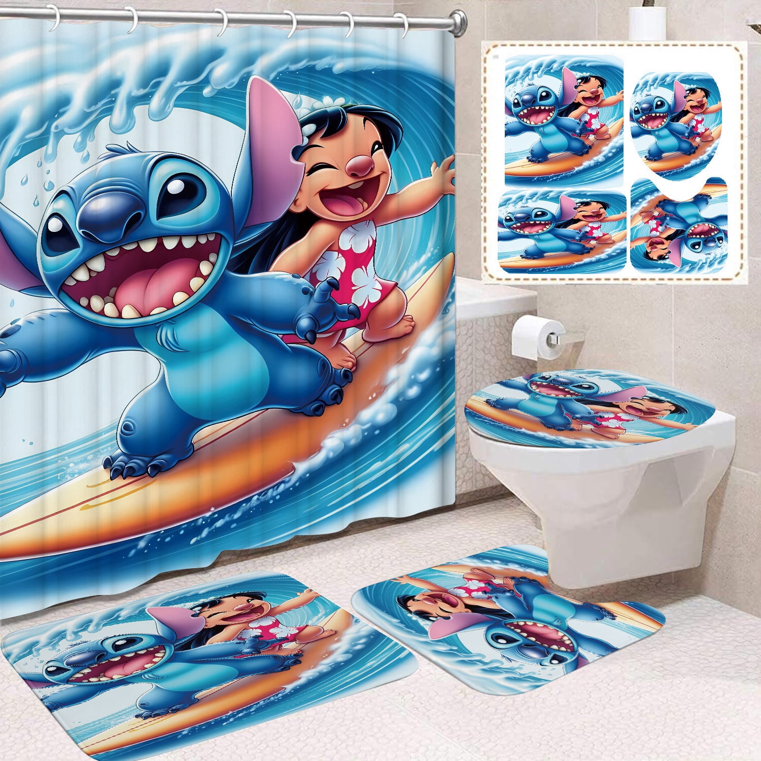 Stitch Bathroom 4-Piece Set,Shower Curtain,Toilet Lid Cover,U - shaped ...