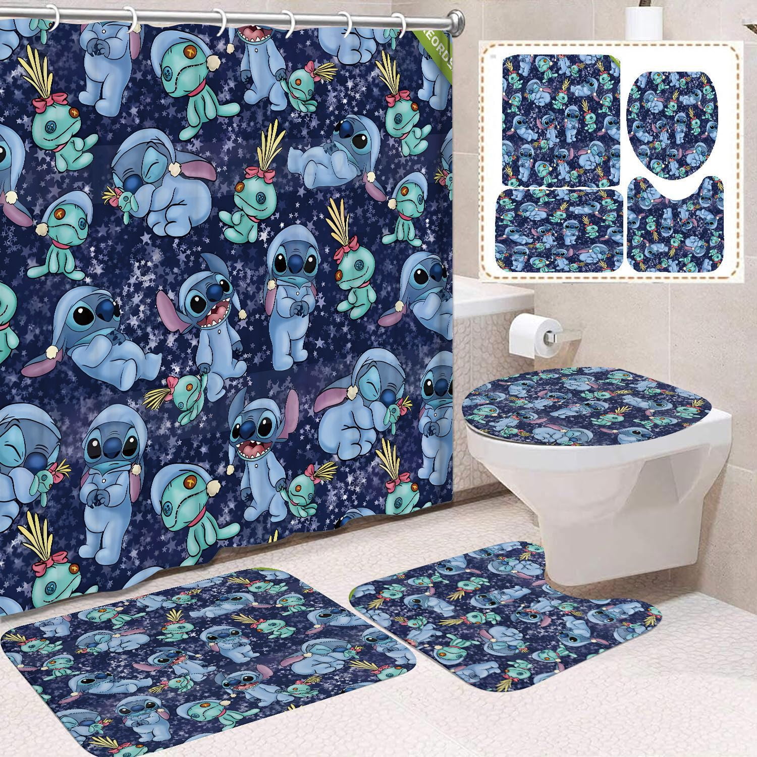 Stitch Bathroom 4-Piece Set,Shower Curtain,Toilet Lid Cover,U - shaped ...