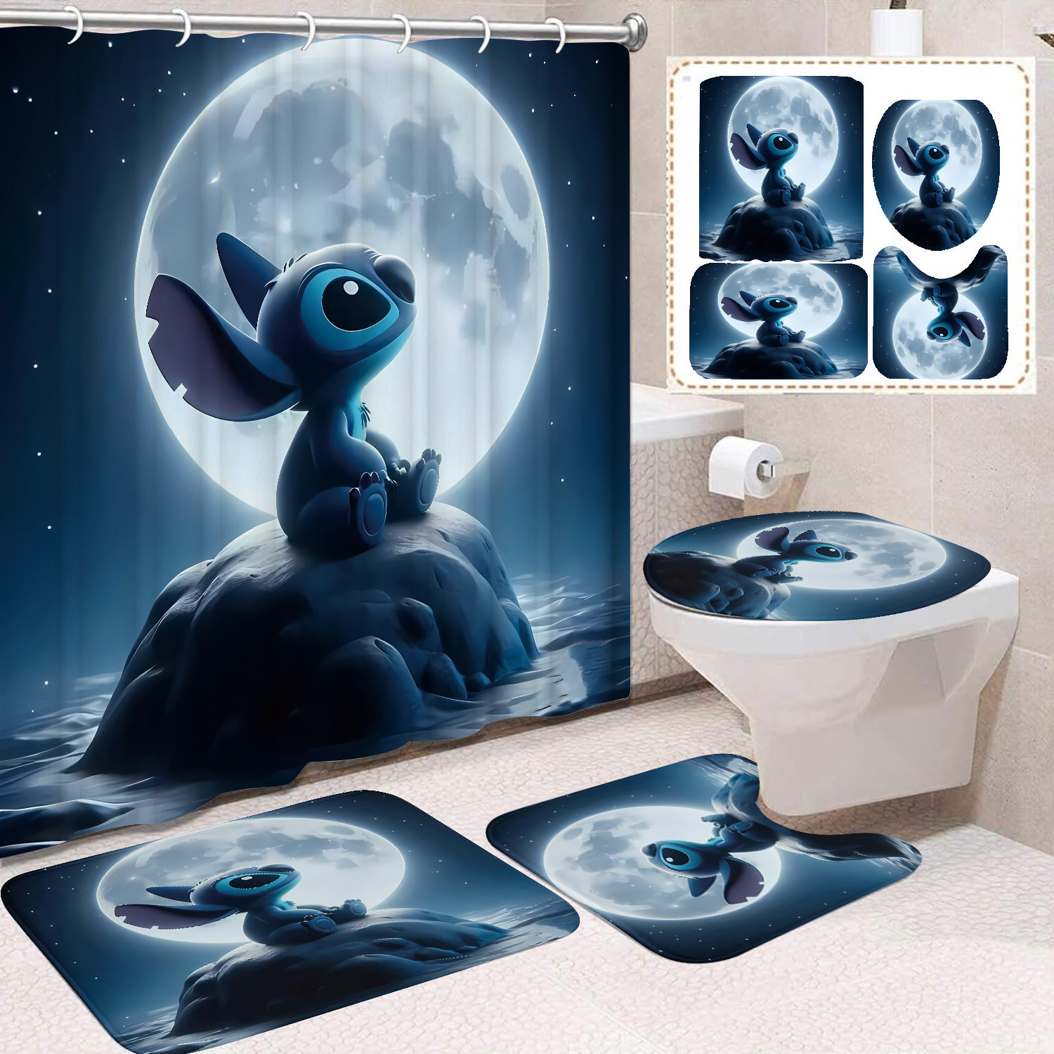 Stitch Bathroom 4-Piece Set,Shower Curtain,Toilet Lid Cover,U - shaped ...