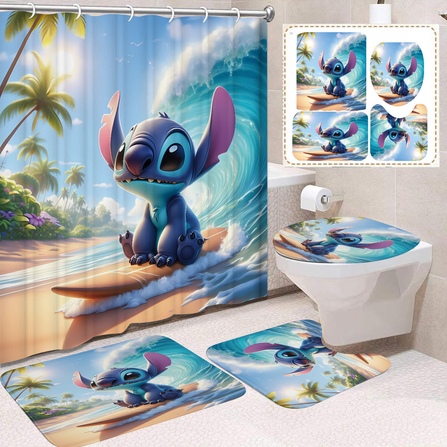 Stitch Bathroom 4-Piece Set,Shower Curtain,Toilet Lid Cover,U - shaped ...